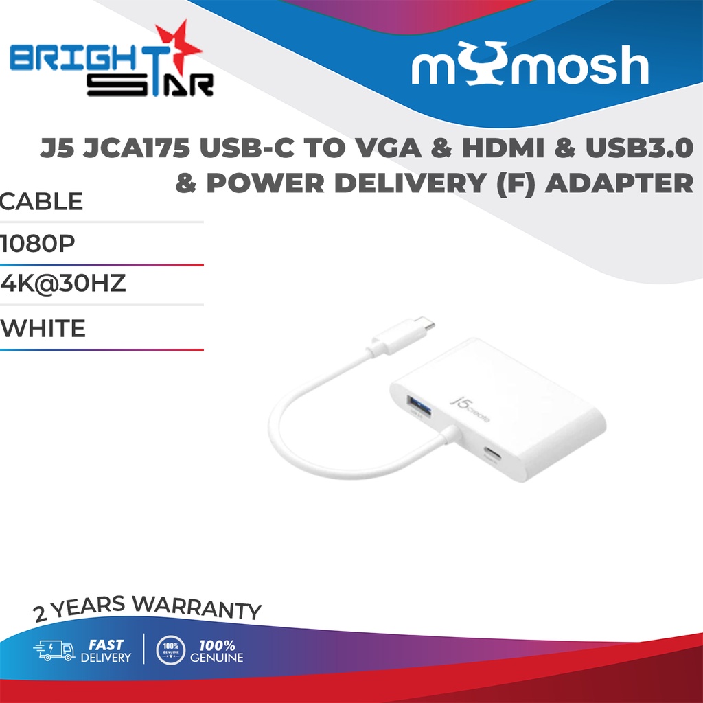 J5 USB-C To VGA & HDMI & USB 3.0 & Power Delivery Adapter Cable - White ...