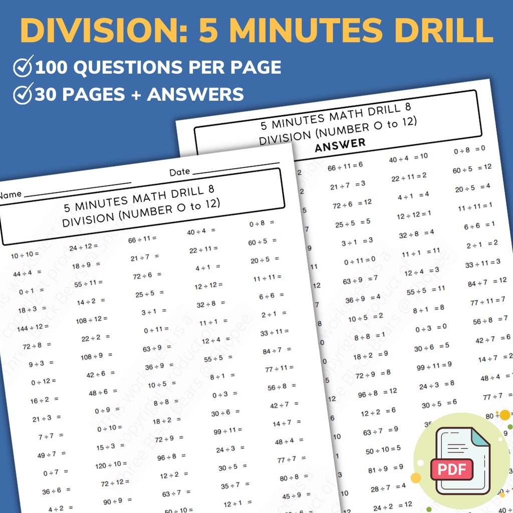 Printable Mathematics Drill Worksheets | 3000 Questions + Answers ...