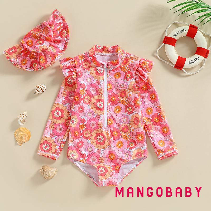 MANGO-Toddler Girls Rash Guard Swimsuit, Summer Long Sleeve Floral ...