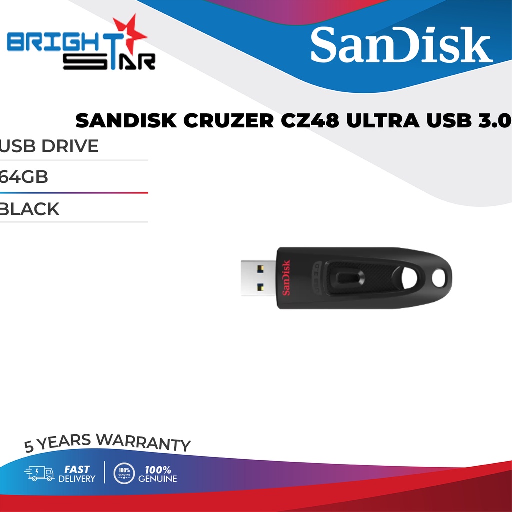 USB DRIVE / SANDISK CRUZER CZ48 ULTRA USB 3.0 / 64GB / BLACK / 5Y ...