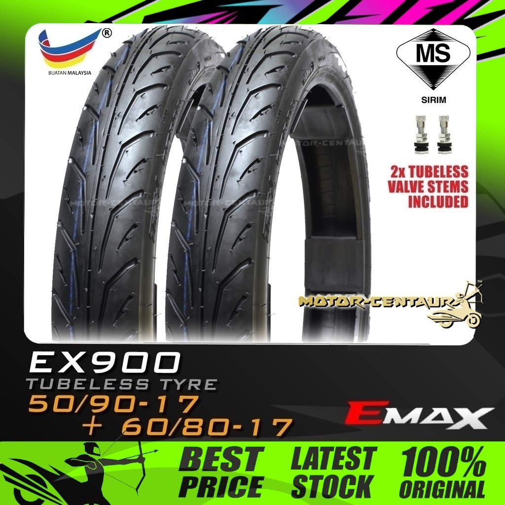 TAYAR KOMBO E-MAX (EMAX) TUBELESS TYRE EX900 50/90-17 + 60/80-17 (BUNGA ...