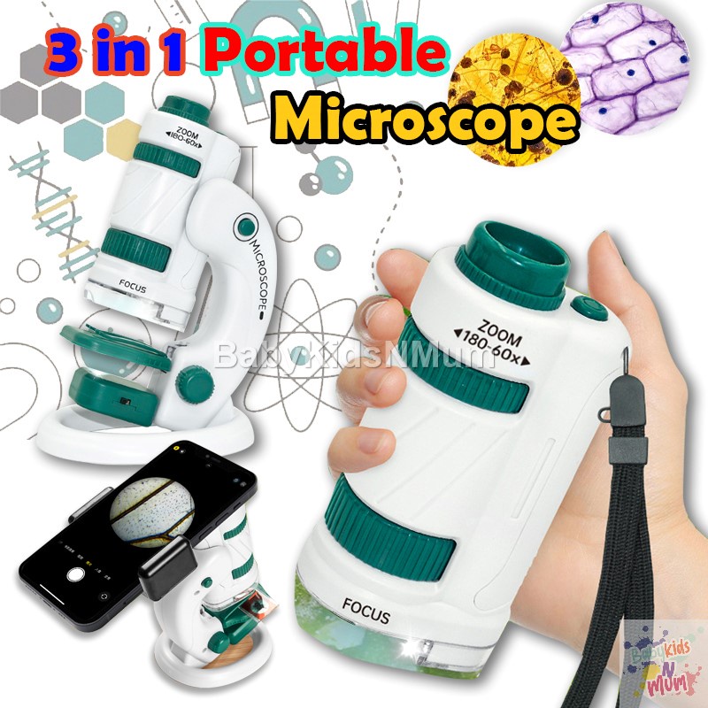 Small Mini Portable Microscope Kid Lab LED 60-180X Home School Handheld ...