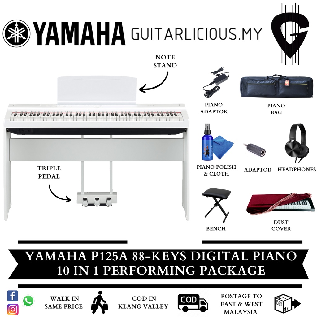Yamaha P125A 88-Keys Digital Piano 10 in 1 Performing Wooden Stand Package, White ( P125 / P-125 ...