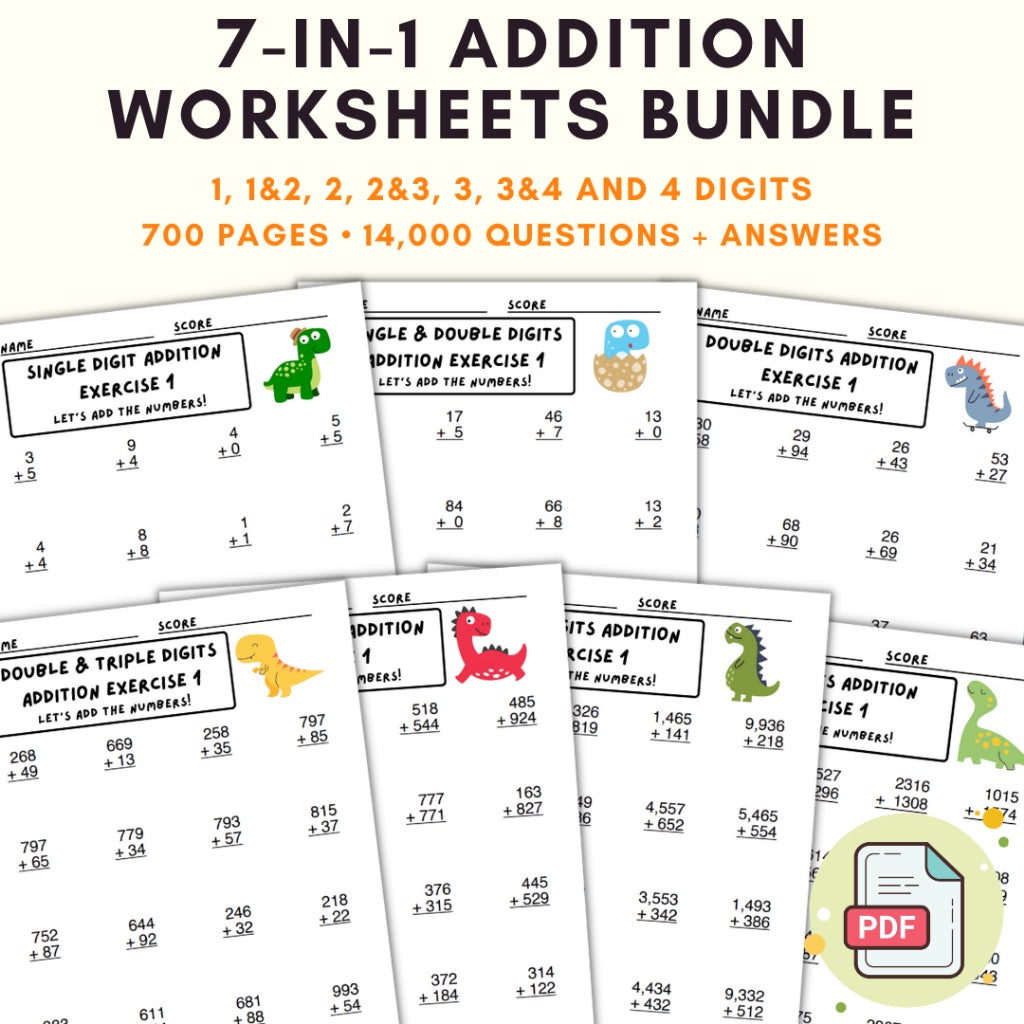 [PDF] Printable Addition Mathematics Worksheets 7-IN-1 Bundle | 700 ...