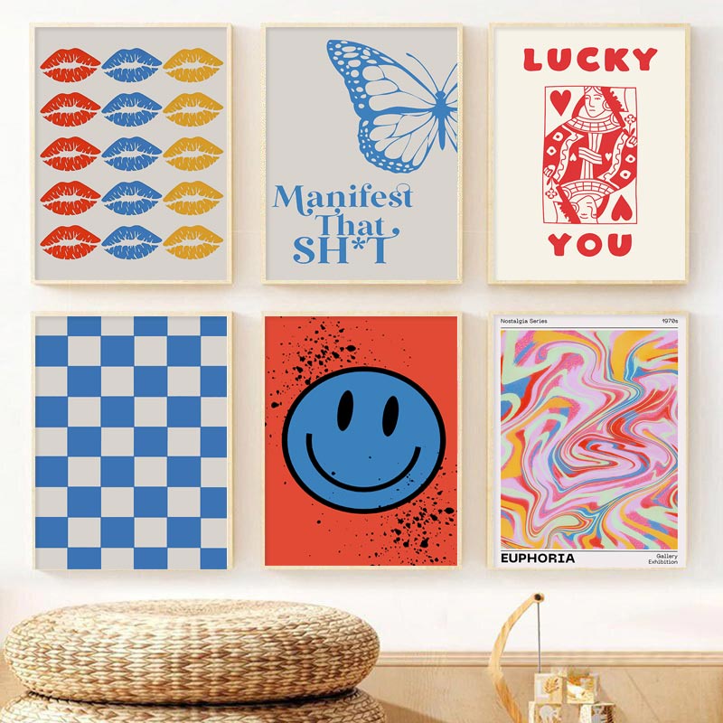 Abstract Lip Butterfly Smiley Face Wall Poster Print Vintage Blue White ...