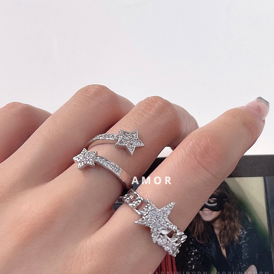 Y2K diamond five-pointed star ring Set ring Three-piece set Adjustable ...