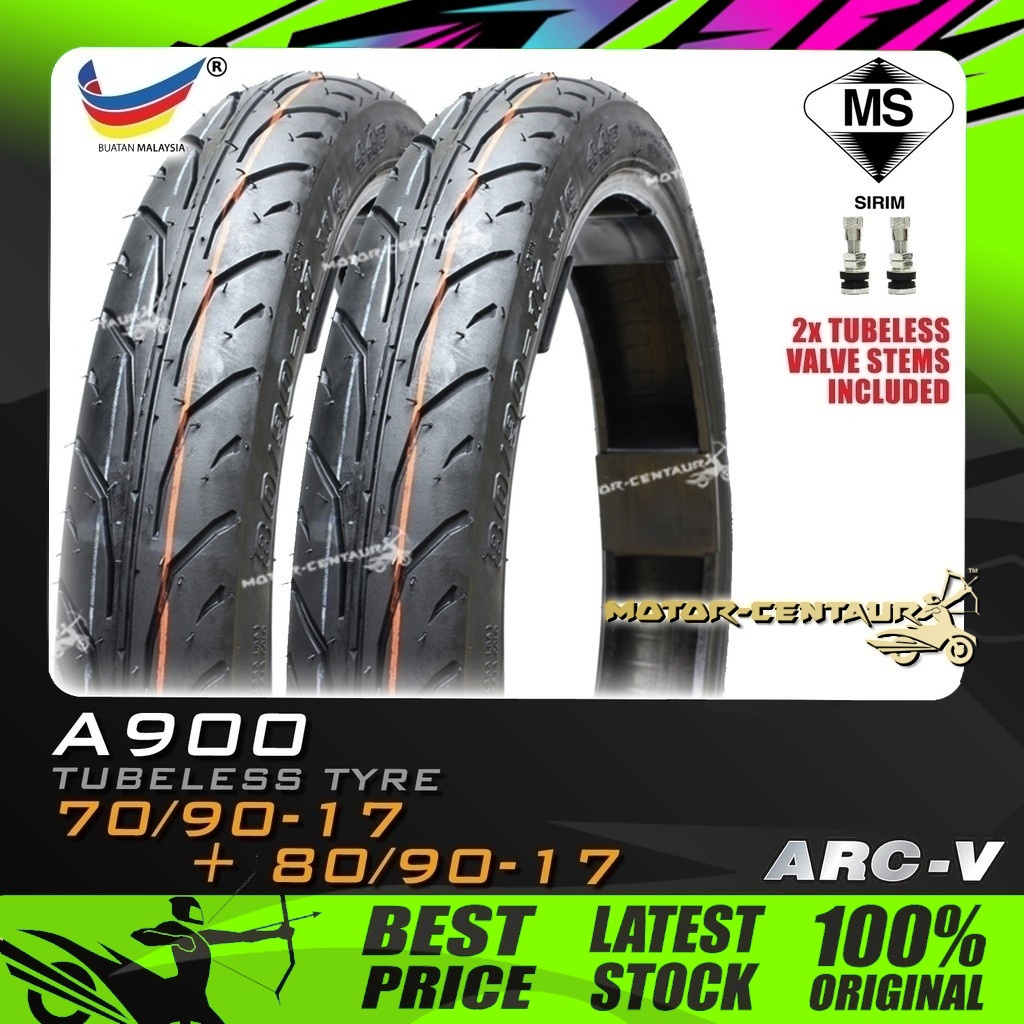 TAYAR KOMBO ARC-V TUBELESS TYRE A900 (BUNGA TAJAM) 70/90-17 + 80/90-17 ...