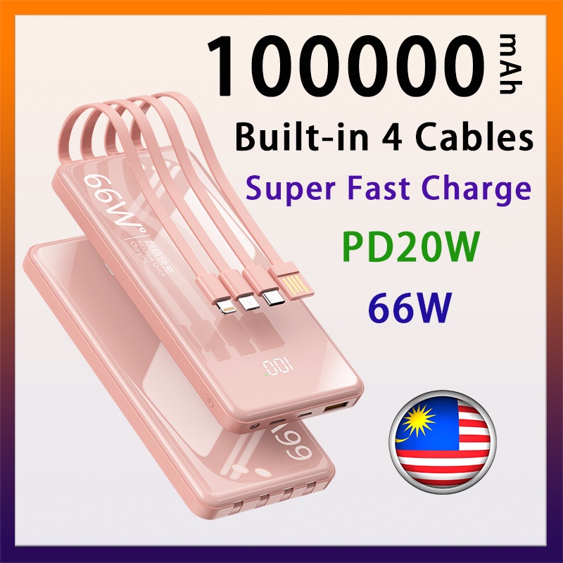 Powerbank 100000mAh 66W Super Fast Charge Built-in 4 Cables Power Bank ...