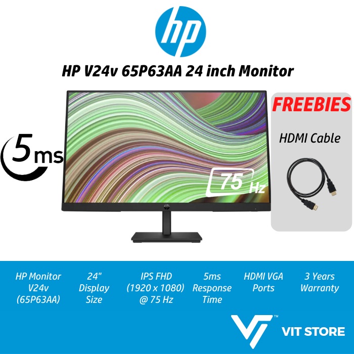 HP V24v G5 24" inch FHD Monitor (VA, 75Hz, 5ms, HDMI, VGA, 3Y) 65P63AA ...