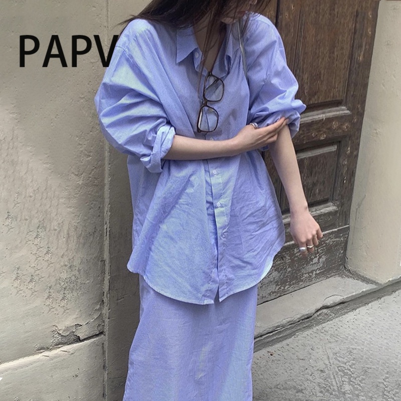 Papv Korea Chic Summer Leisure Stripe Shirt + High Waisted Skirt Set ...