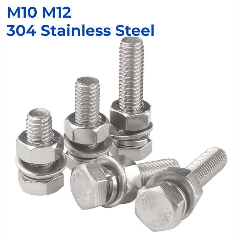 M10 M12 304 Stainless Steel Hex Head Screws Nuts Flat Washers Lock ...