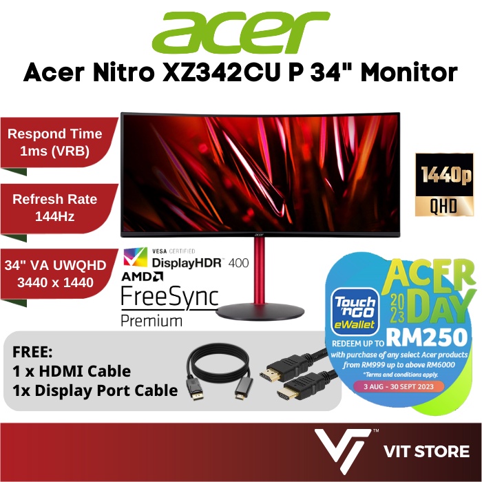 Acer Nitro XZ342CU P 34" UWQHD VA Widescreen LCD Monitor 1ms (VRB), 144 ...