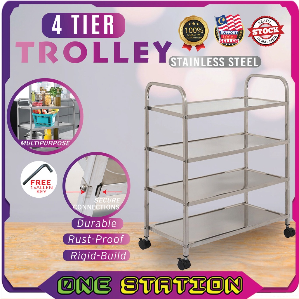 4 Tier Trolley Stainless Steel 4 Wheel Heavy Duty Food Multi Rack ...