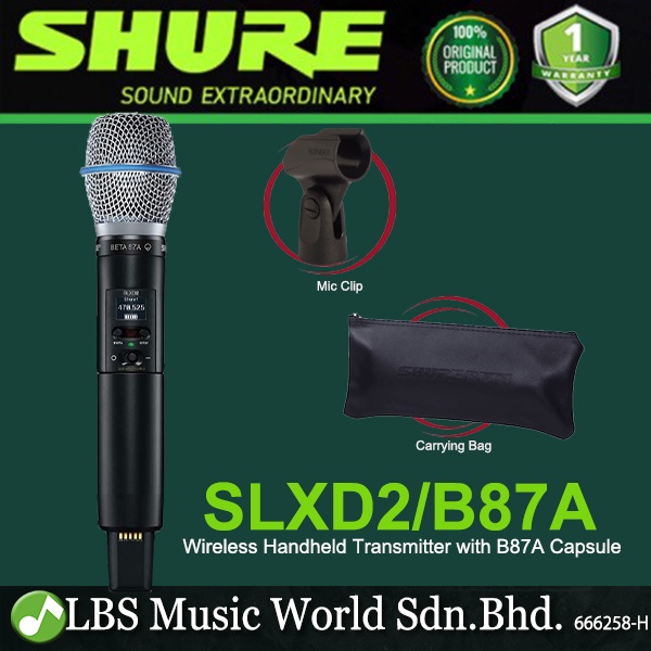 Shure SLXD2/B87A Digital Wireless Handheld Microphone Transmitter with B87A Interchangeable Mic ...