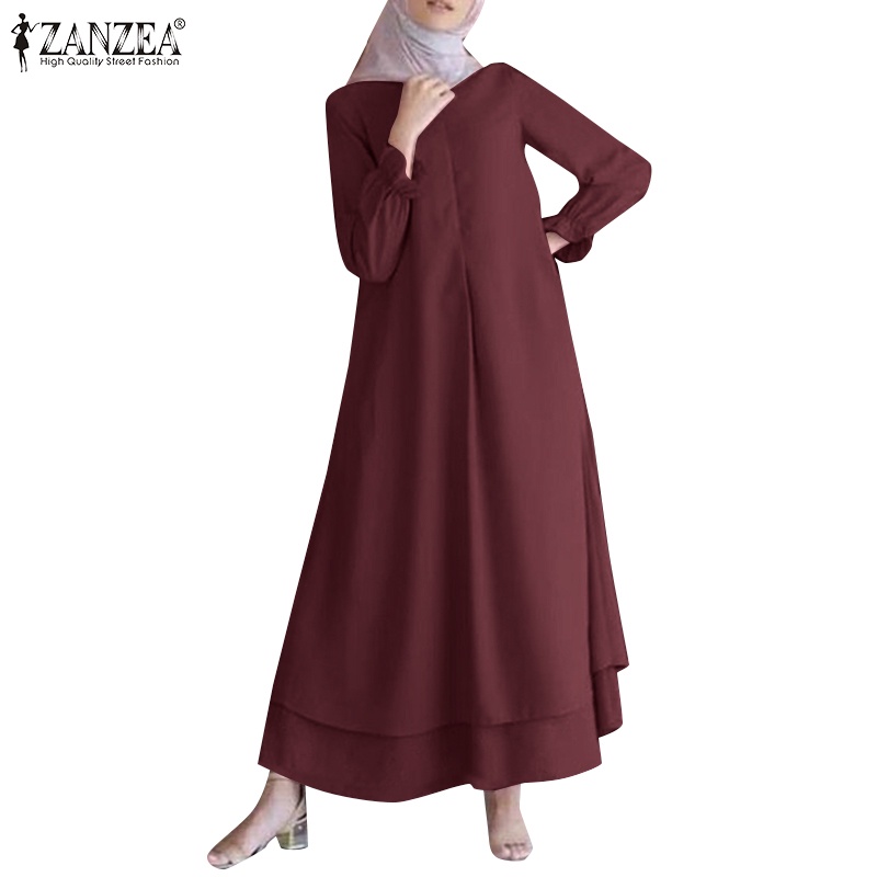 ZANZEA Women Muslim Daily Cuffs Rubber Ruffle Long Sleeve Pleated Mid ...