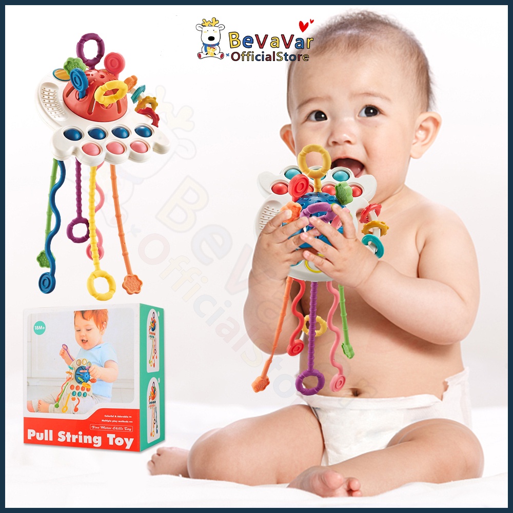 BEVAVAR Baby Teether Toys 6in1 Octopus Pull String Sensory Toys Rattle ...