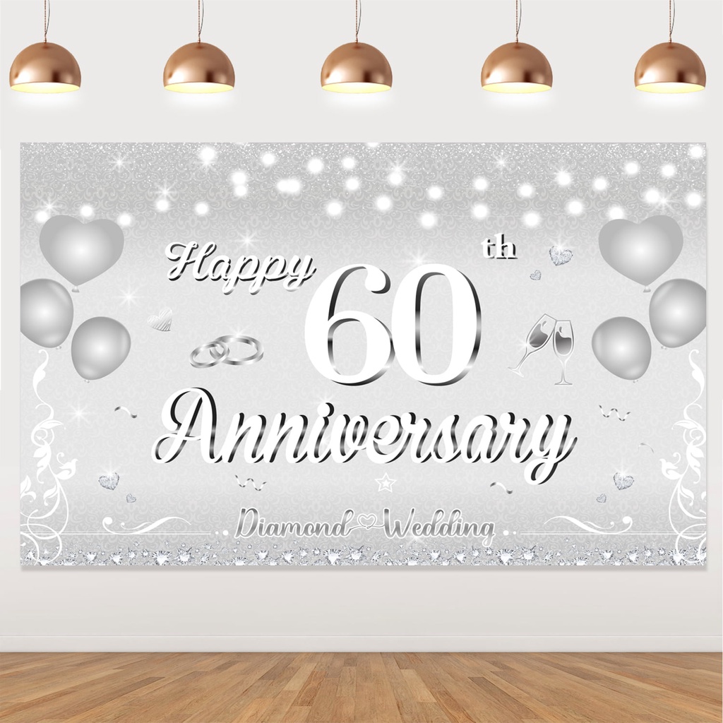 Silver Happy 60th Anniversary Backdrop 60th Happy Birthday Party ...