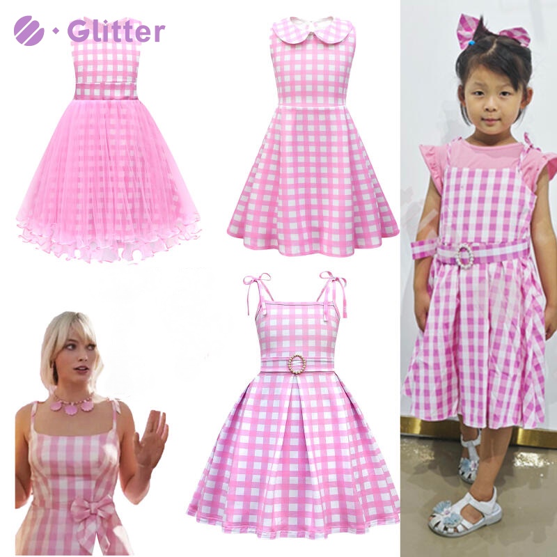 Movie Barbie Costume for Kids Girl Margot Robbie Pink Plaid Suspender ...