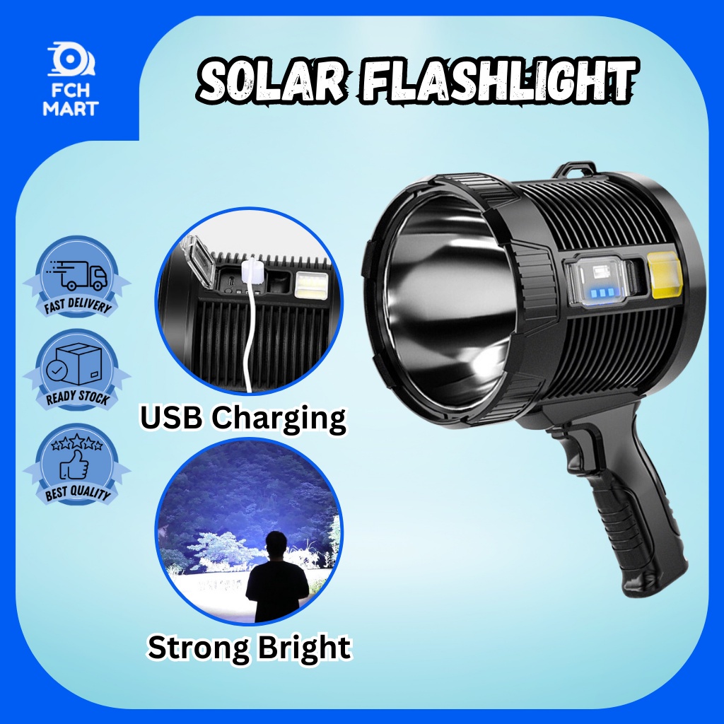 Powerful solar flashlight rechargeable search light torchlight heavy ...