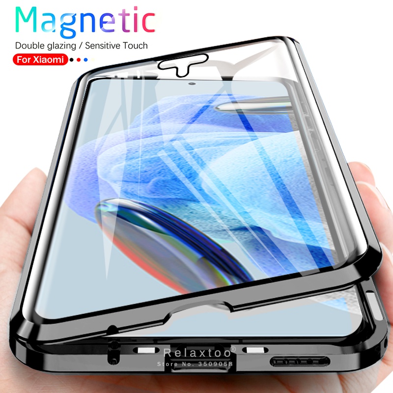 360° Full Body Double-Sided Tempered Glass Matel Frame Magnetic Flip ...