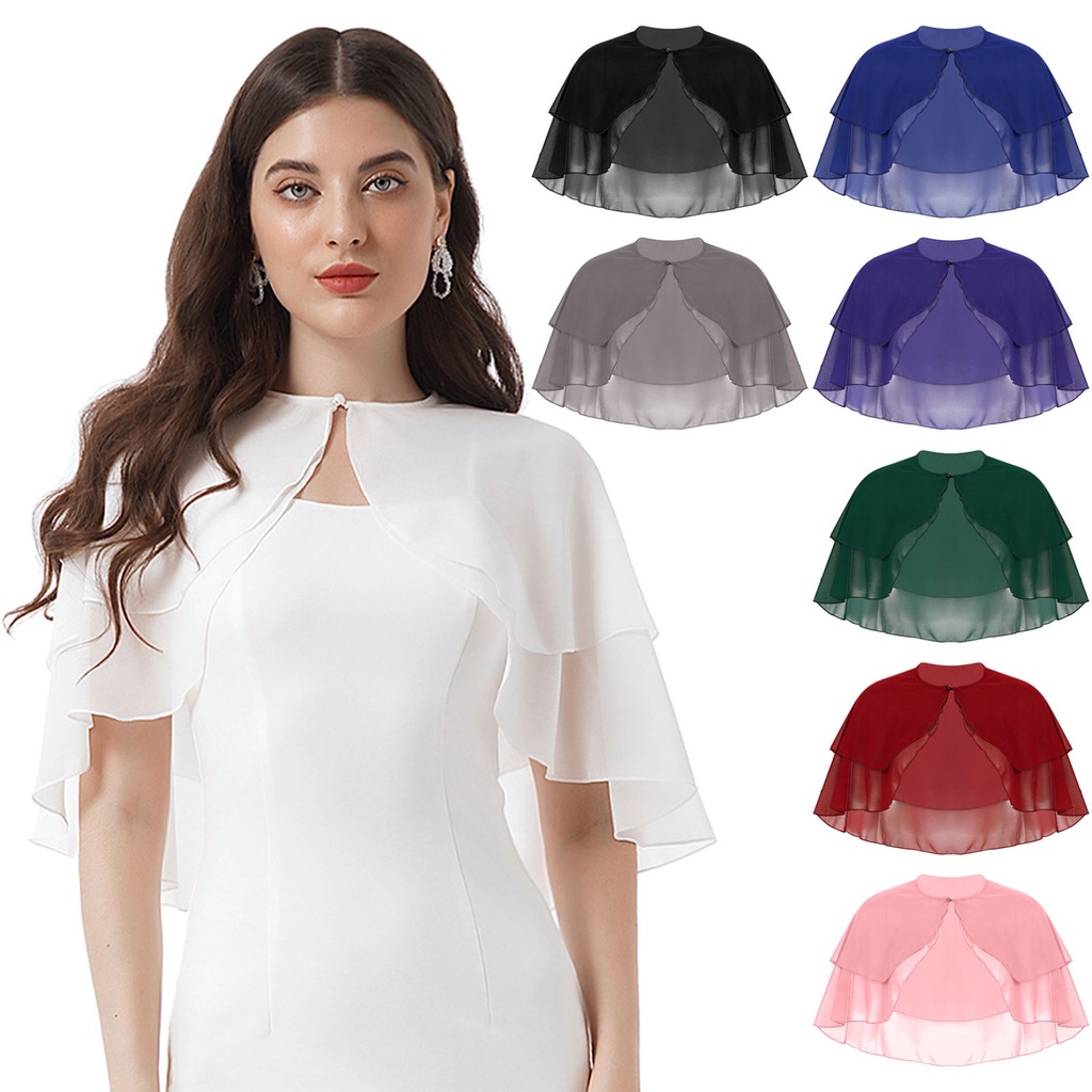 Women Elegant Pure Color Chiffon Shawl Cape Ruffle 2-Layer Chiffon ...