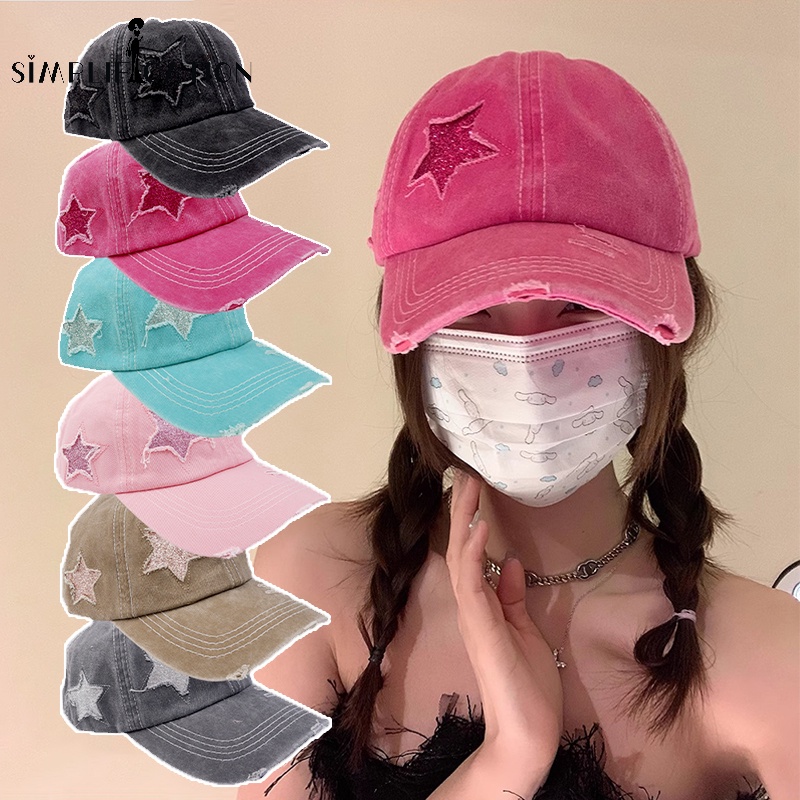 Summer Sun Protection Sequin Star Peaked Cap/ Y2K Washed Denim Sun ...