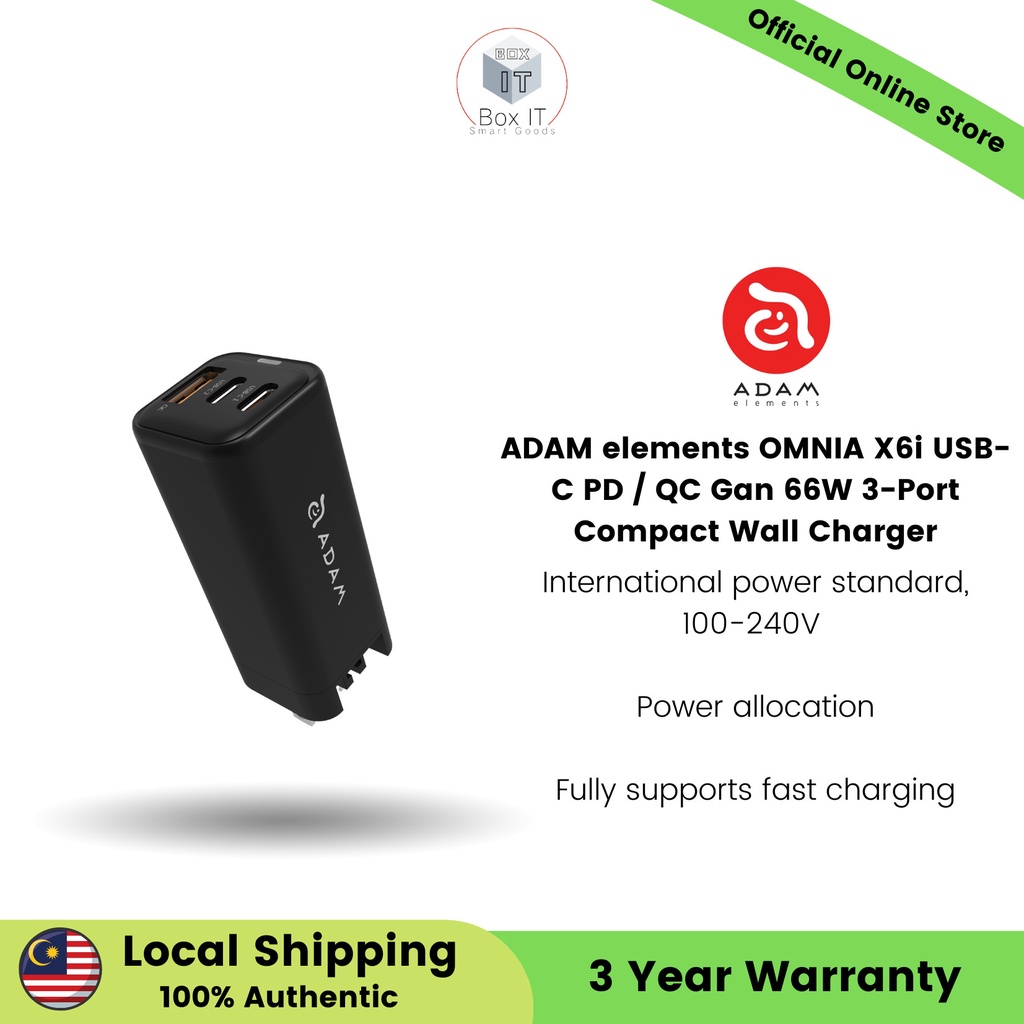 ADAM elements OMNIA X6i USB-C PD / QC Gan 66W 3-Port Compact Wall ...