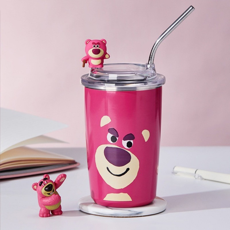 New Disney Strawberry Bear Ins Lotso Pink Bear Water Bottle Travel Tumbler with Straw 304 ...