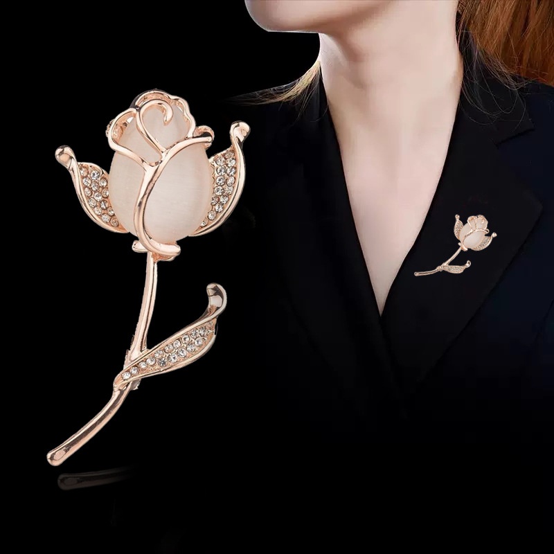 Rose Flower Brooches Opal Stone Rhinestone Brooch For Women Suit Pins ...