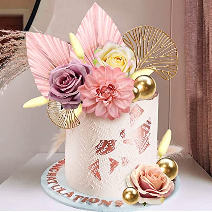 Spot 】 Flower cake topper Pink rose cake Artificial rose Ginkgo leaf ...