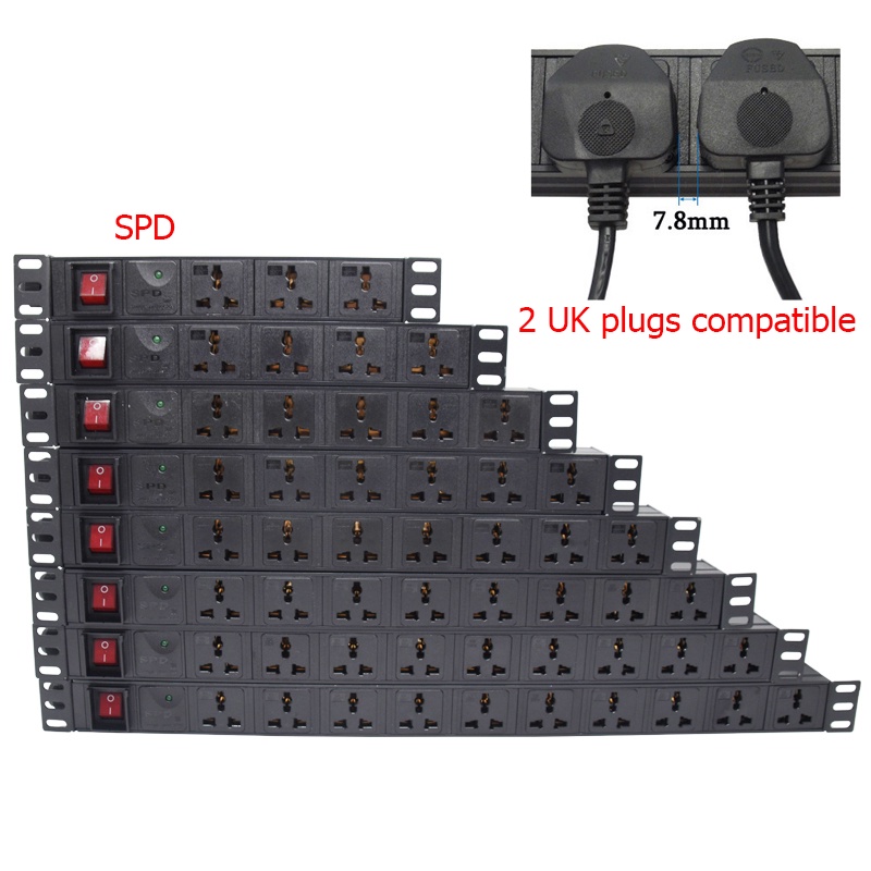 Server Rack Mount PDU Power Strip 3/4/5/6/7/8 Ways Universal Socket 2 UK plugs compatible Surge ...
