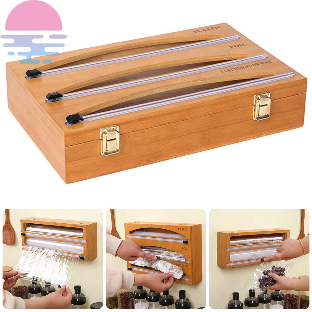 Bamboo Food Wrap Dispenser Reusable Durable Bamboo Cling Wrap Dispenser ...