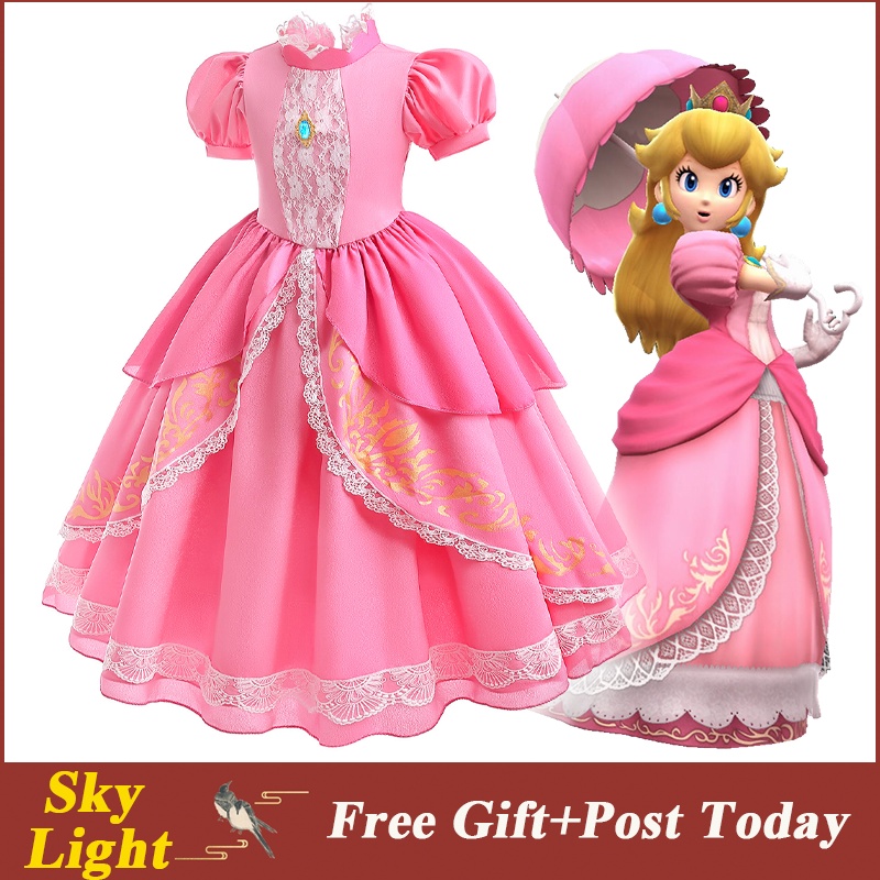 Super Mario Princess Peach Pink Dress For Kids Girl Lace Gown For Kids ...