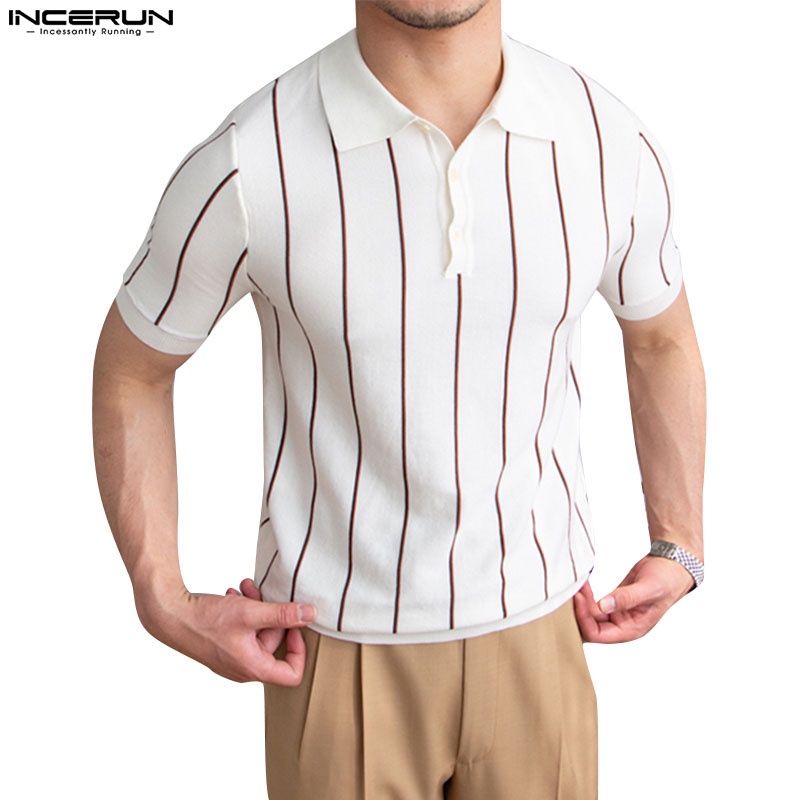 INCERUN Men's Fashion Polo Neck Stripe Printed Short Sleeve Shirt ...