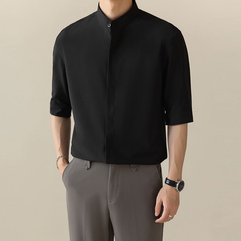 Mandarin Collar Shirt Man Summer Korean Slim Fit Short Sleeve Casual ...