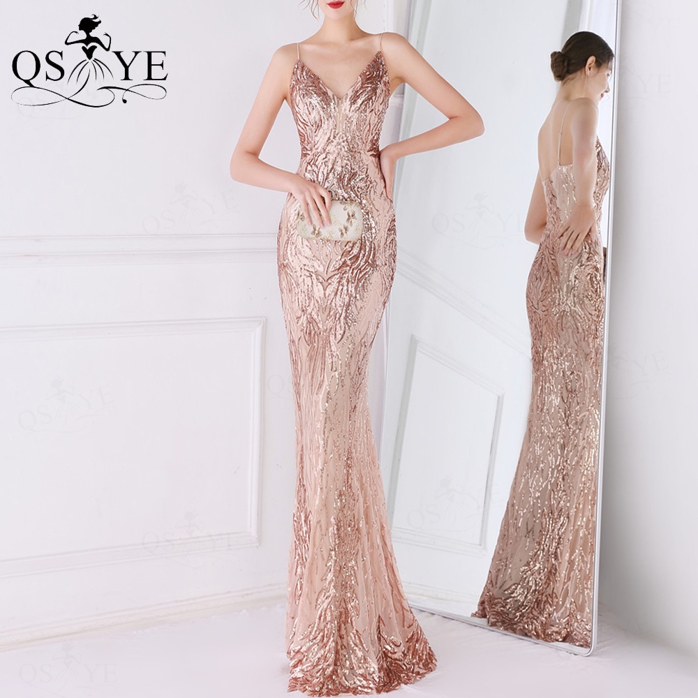 Gold Evening Dresses Spaghetti Straps Mermaid V neck Prom Gown Sequin ...