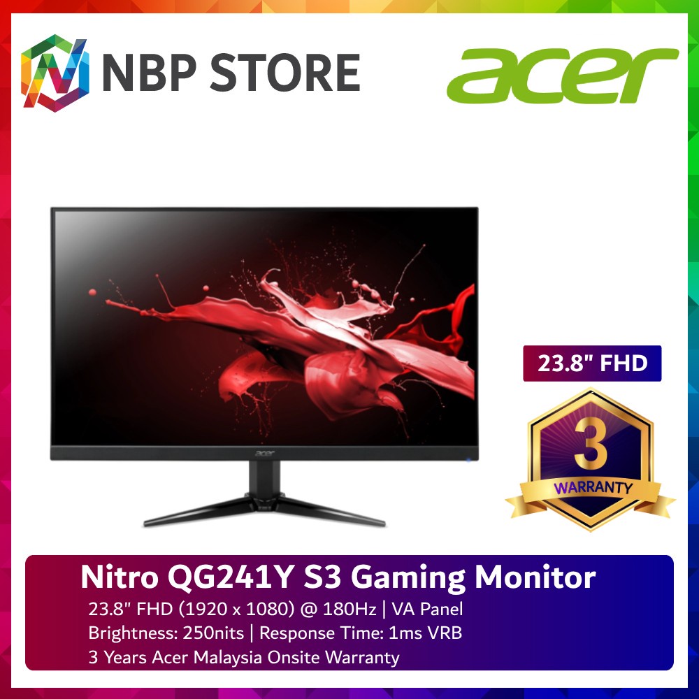Acer Nitro QG241Y S3 23.8" FHD 180Hz Gaming Monitor ( DP, HDMI, 3 Yrs ...