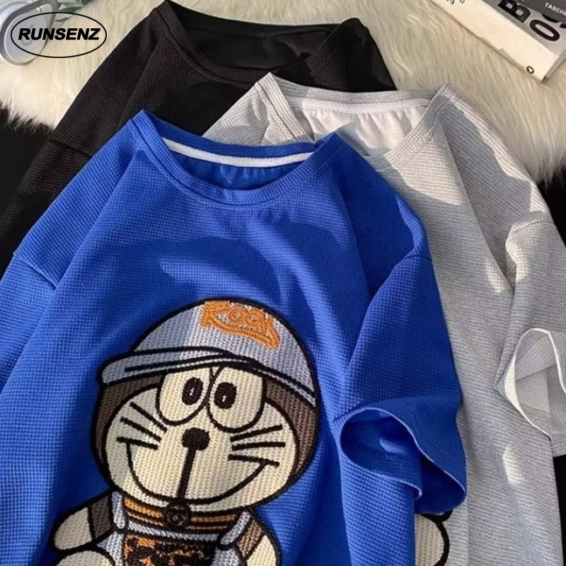 M-8XL Fashion Waffle T Shirt Oversize Men Plus Size Short Sleeve Doraemon Clothes Casual Loose ...