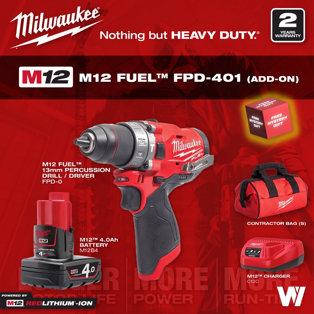 Milwaukee M12 Essential Combo M12 FPP2A2-402X SA / Zero Hero M12 FPD 13mm FUEL Percussion Drill ...