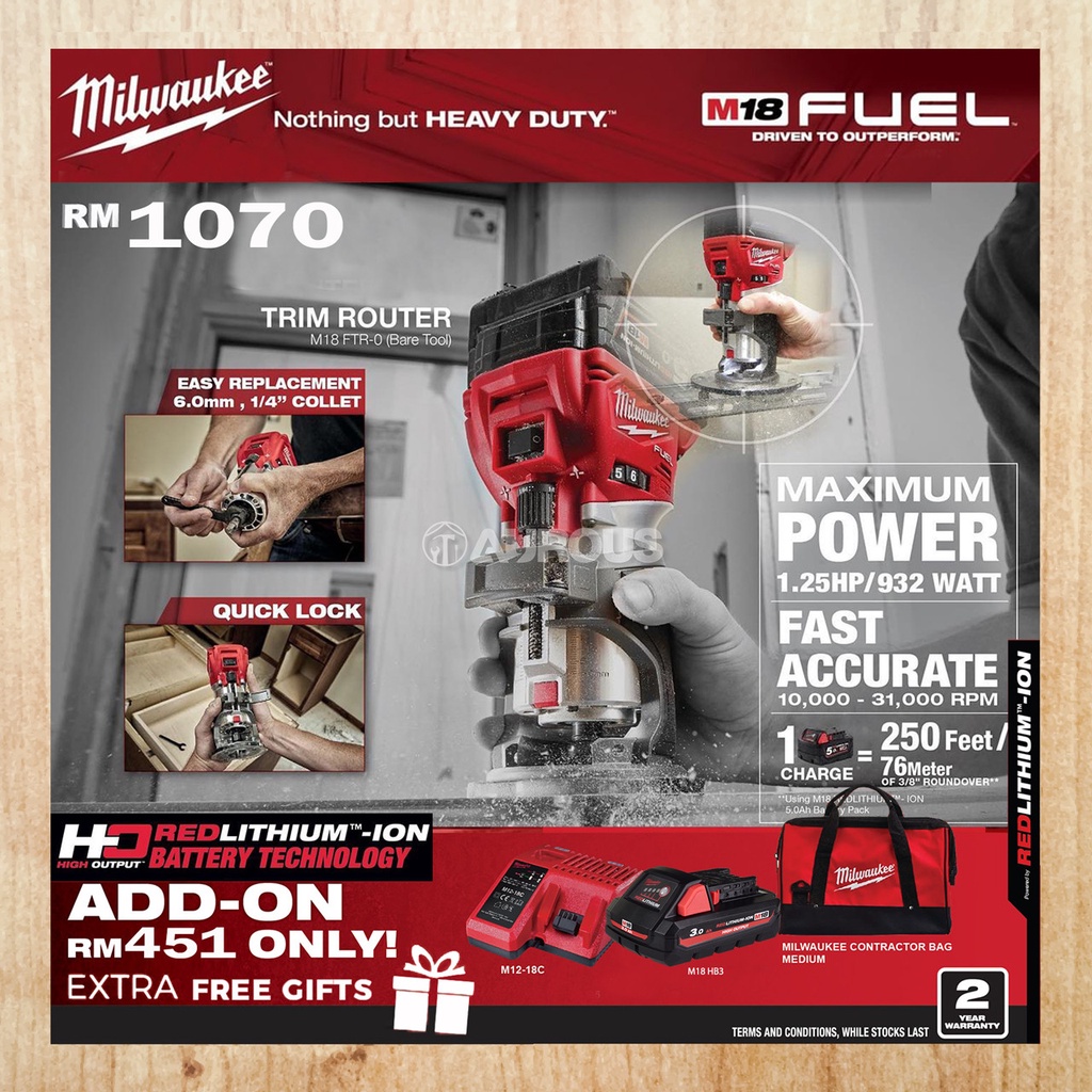 MILWAUKEE M18 FUEL COMPACT TRIM ROUTER (M18 FTR-0 / M18 FTR-301B ...