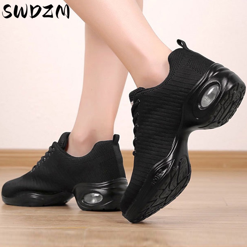 Women Breathable Dance Sneakers Soft Sole Mid-heel Dancing Shoes Square ...