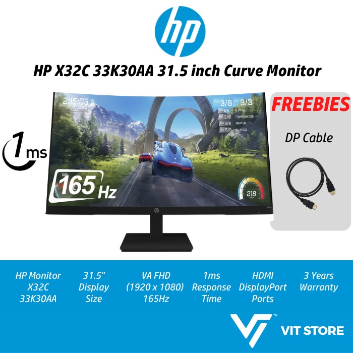 HP Gaming Monitor X32C 31.5" Curve 165Hz 1ms 32" inch VA FHD 33K30AA ...