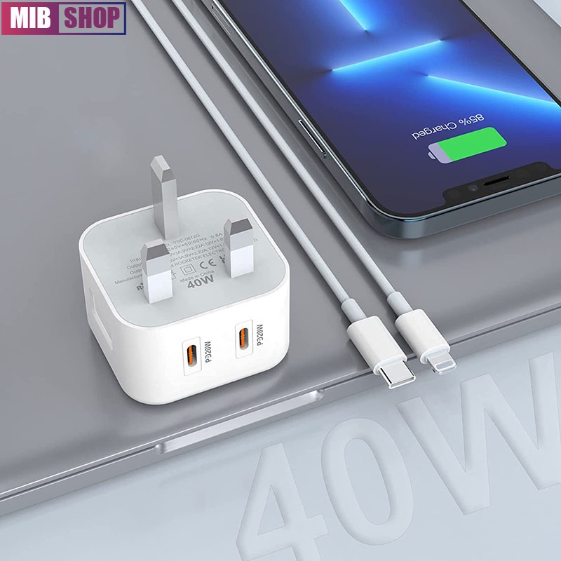 40W UK Plug Dual PD Fast Charging Charger Dual Type-C Fast Charging ...