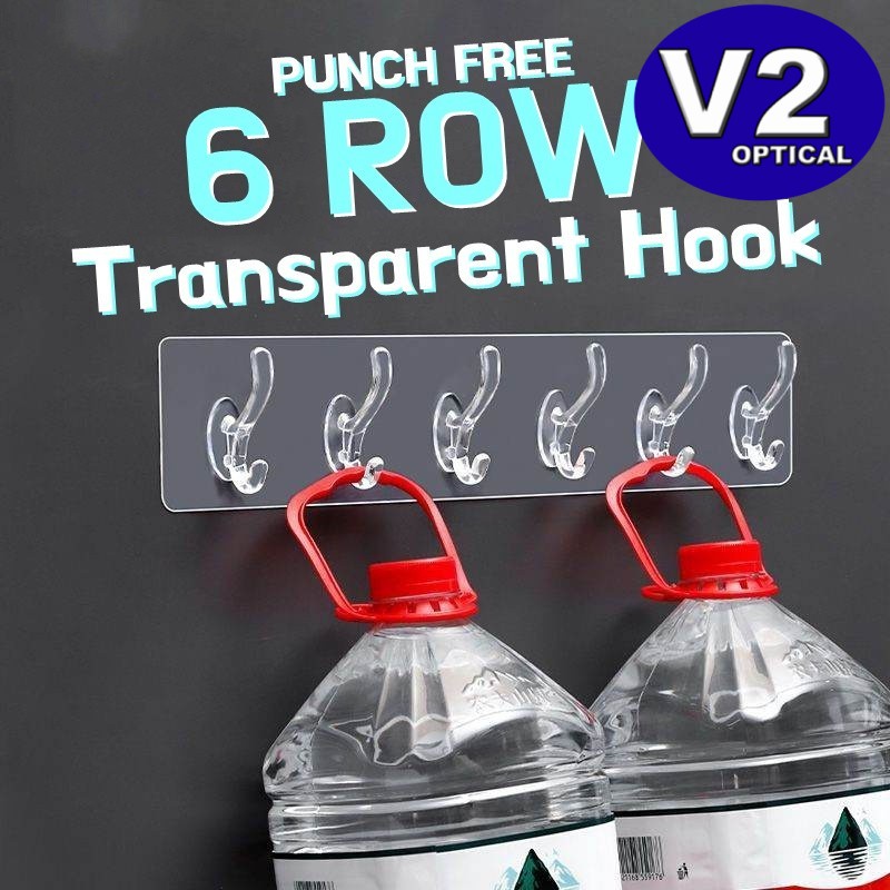 6 Row Transparent Hook Wall Hooks Seamless Towel Holder Clothes Sticky ...
