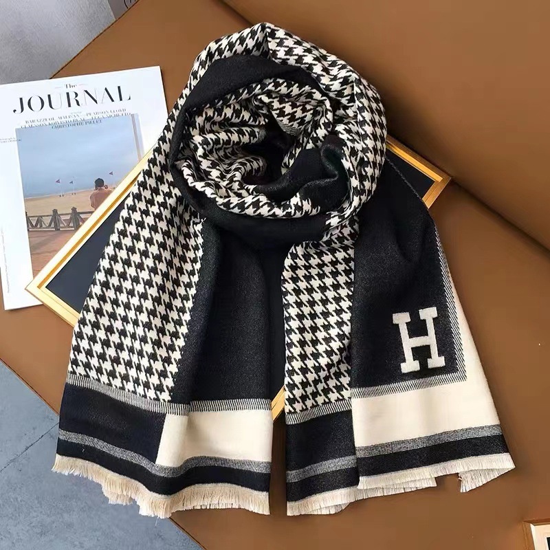 Imitation cashmere scarf women's new double-sided warm houndstooth ...
