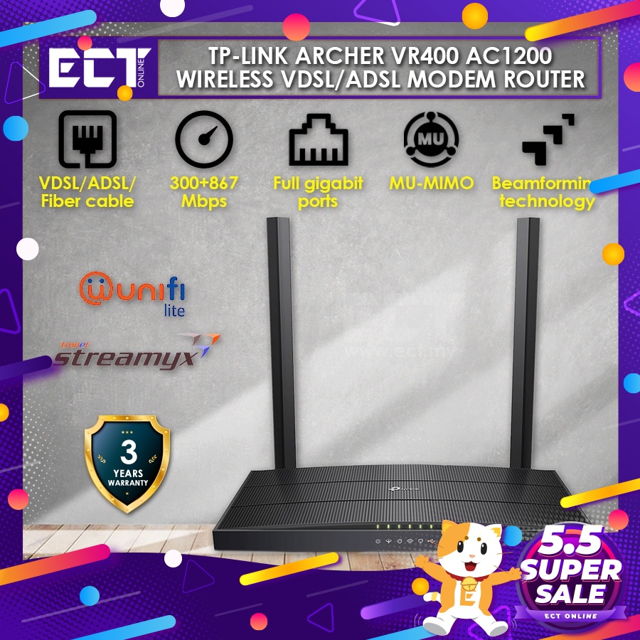 TP-Link Archer VR400 V3 AC1200 Wireless Dual Band OneMesh MU-MIMO VDSL ...