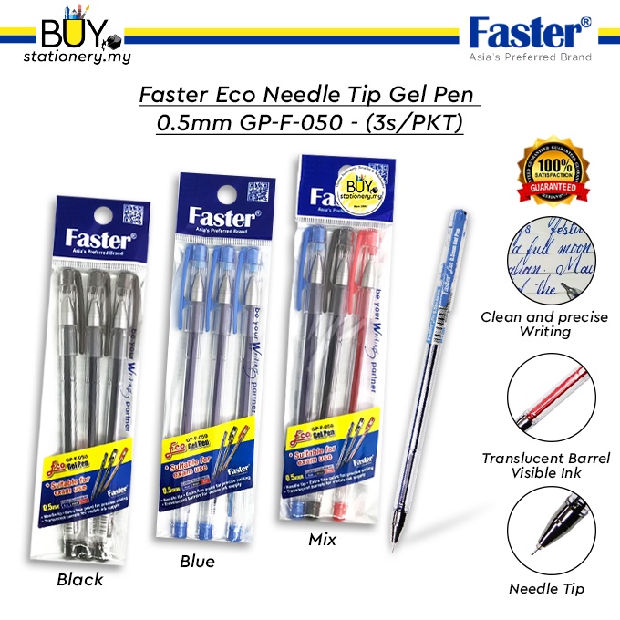 Faster 0.5 Pen Eco Gel Pen Needle Tip Black Blue Red 0.5mm GP-F-050 ...