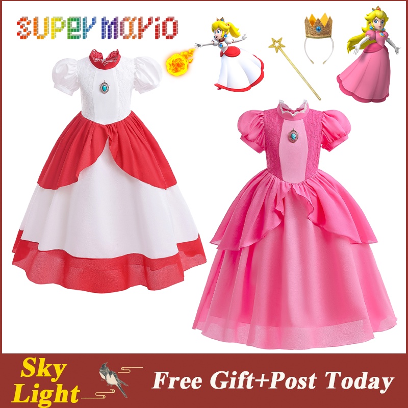 SUPER MARIO Pink White Peach Princess Dress For Kids Girl Halloween ...