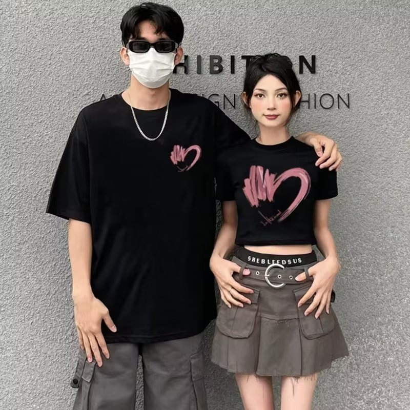 Love Print Fashion Open Navel Short Couple T Shirt Women Korean Style