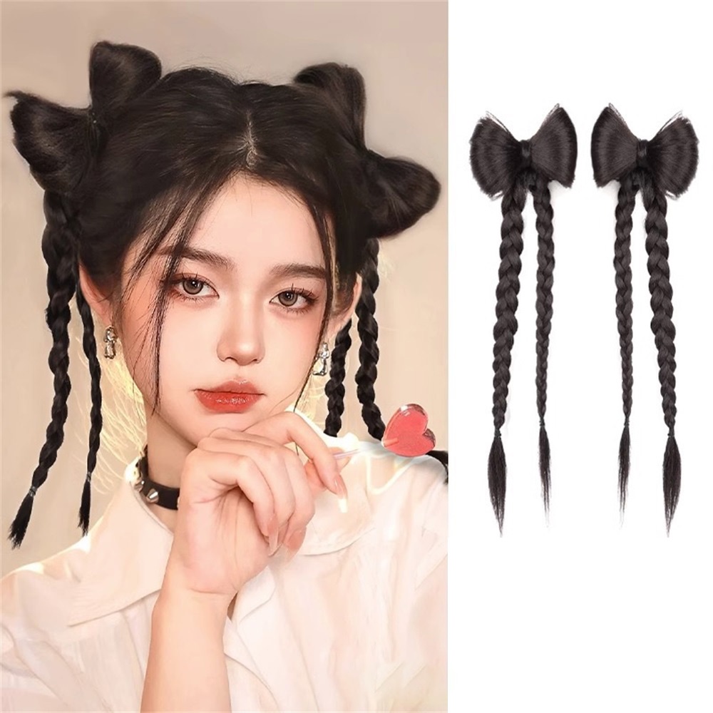 Y2k Bowknot Braid Wig Sweet Cool Girls Natural Double Ponytails Twists ...
